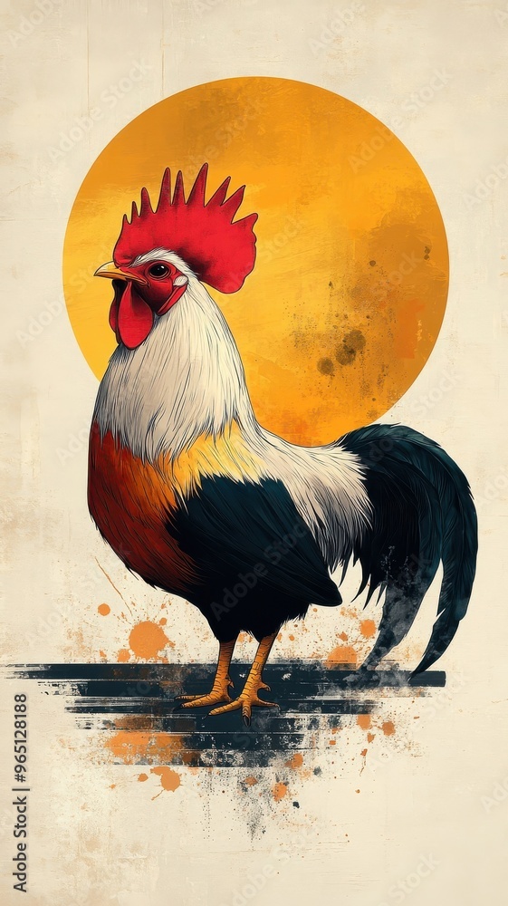Digital art style, a chicken illustrated with clean lines and vivid ...