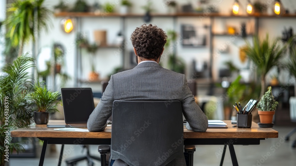 Focused on the Task: A businessman sits at his desk in a modern office ...