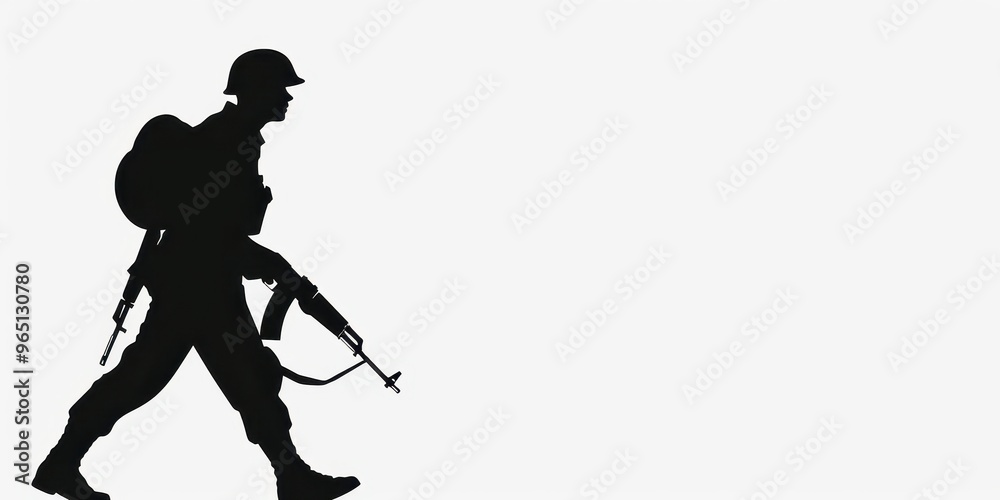 Dark silhouette of a marching soldier with a rifle against a stark ...