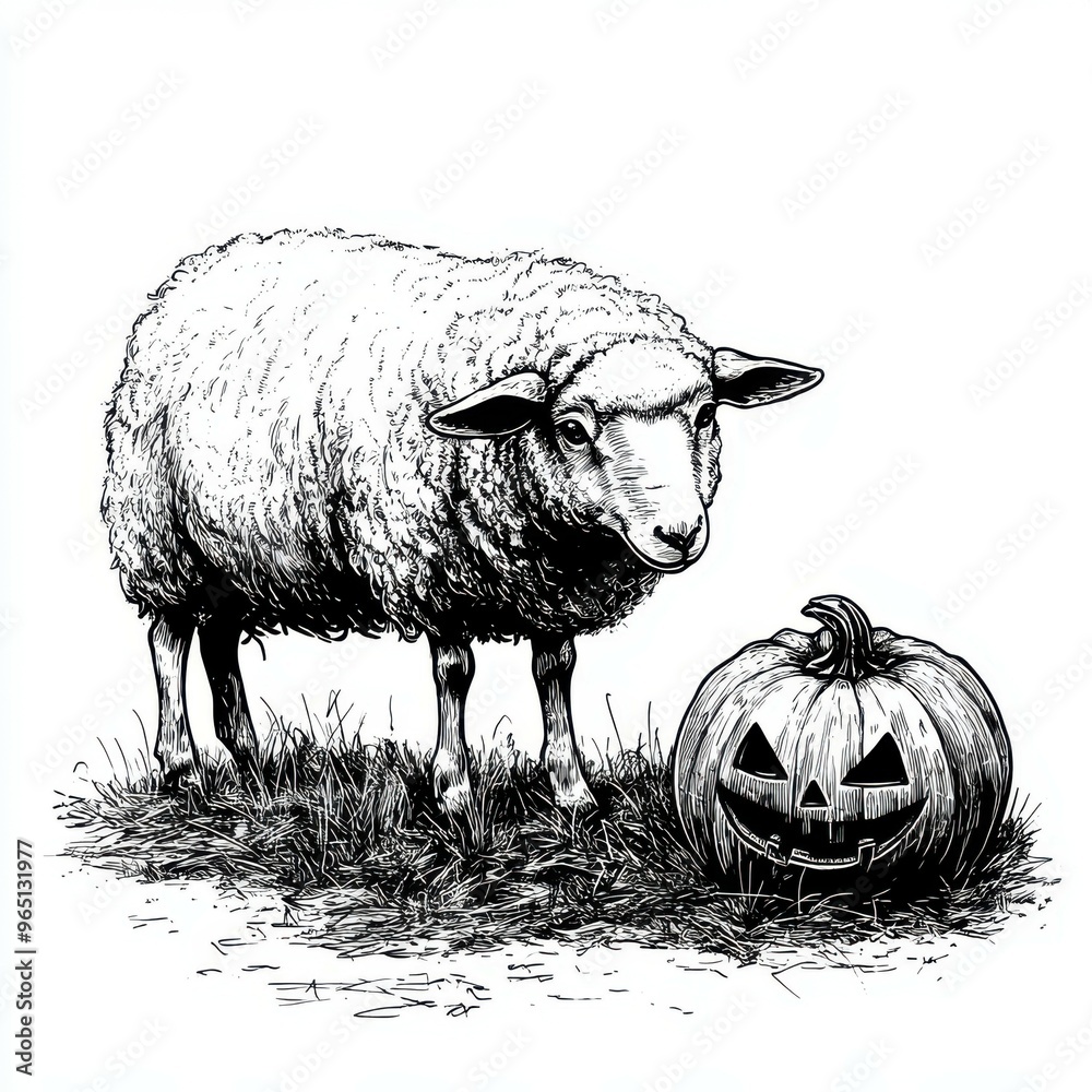 Black and white Vintage engraved art of a sheep grazing near a Jack o ...