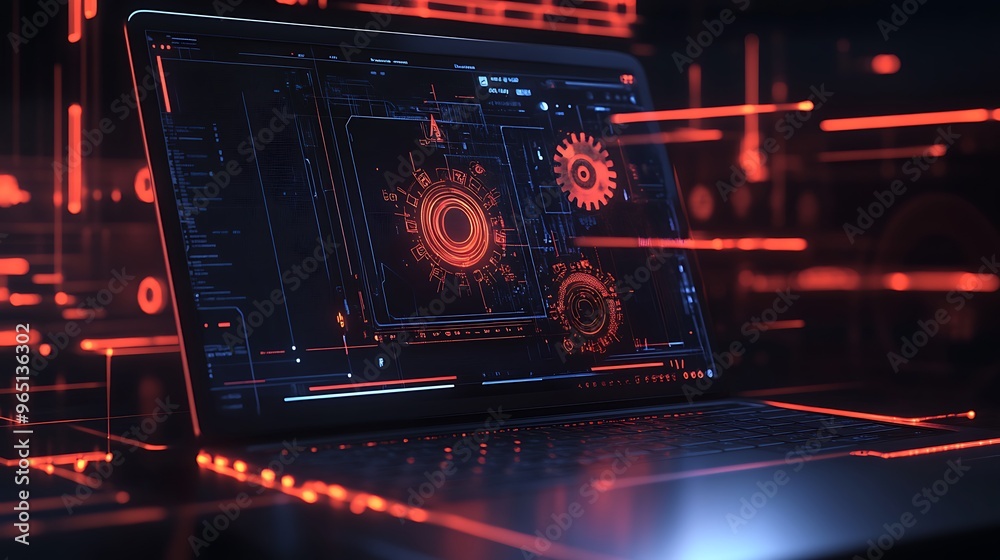 High-tech laptop interface with digital gears in motion, futuristic ...