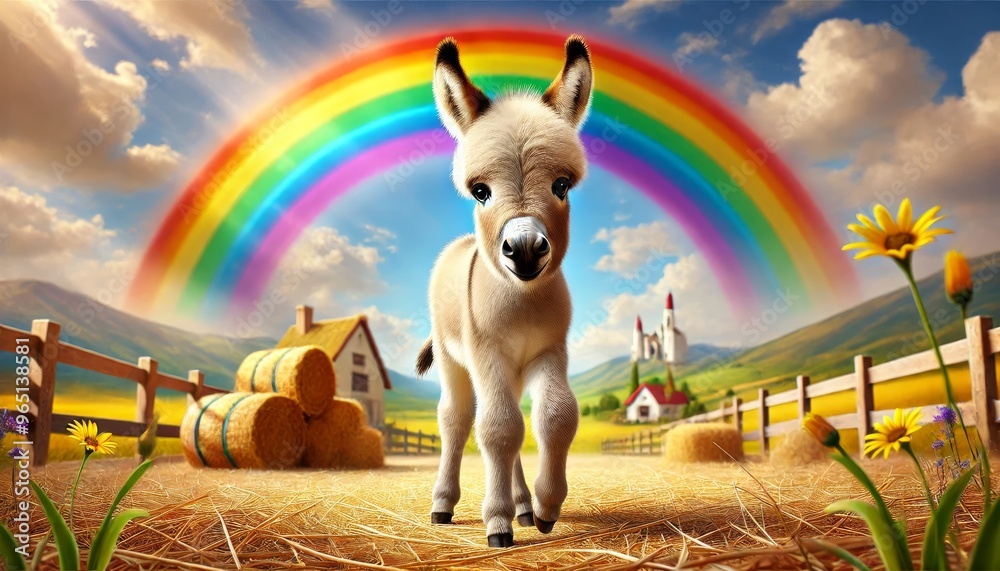 A baby donkey with a background of rainbows and a clear blue sky, in a ...