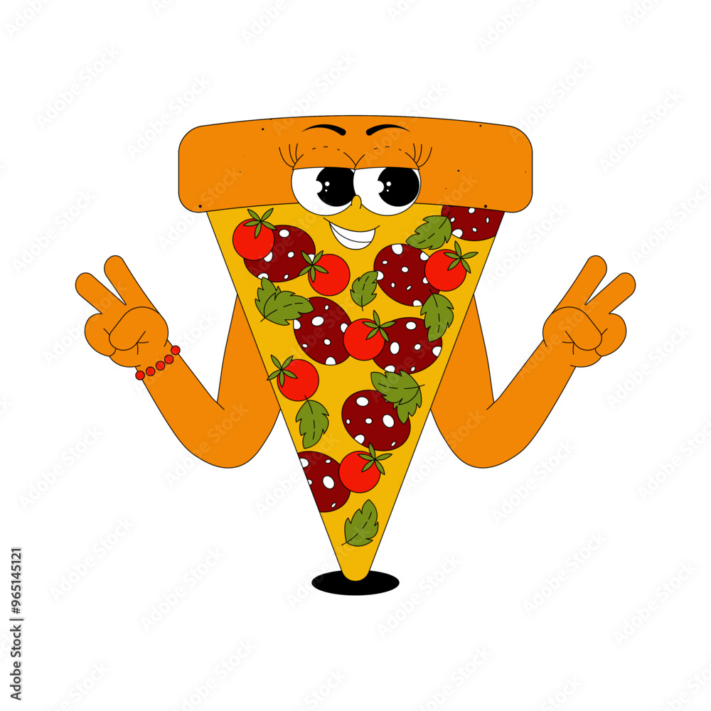 Funky pizza slice character with pepperoni, tomatoes, basil in trendy ...