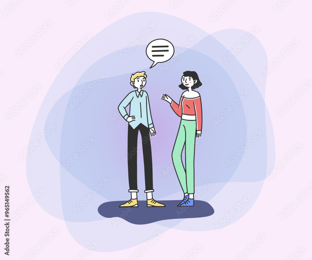 Friends talking to each other vector illustration. Young man and woman ...