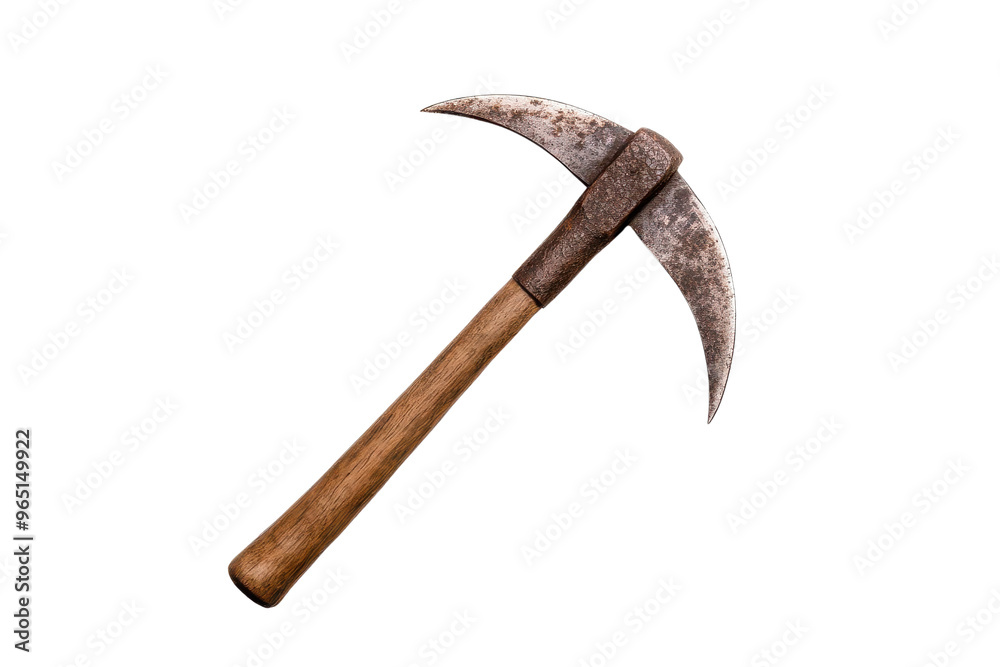 Vintage pickaxe with a curved metal blade and wooden handle, perfect ...