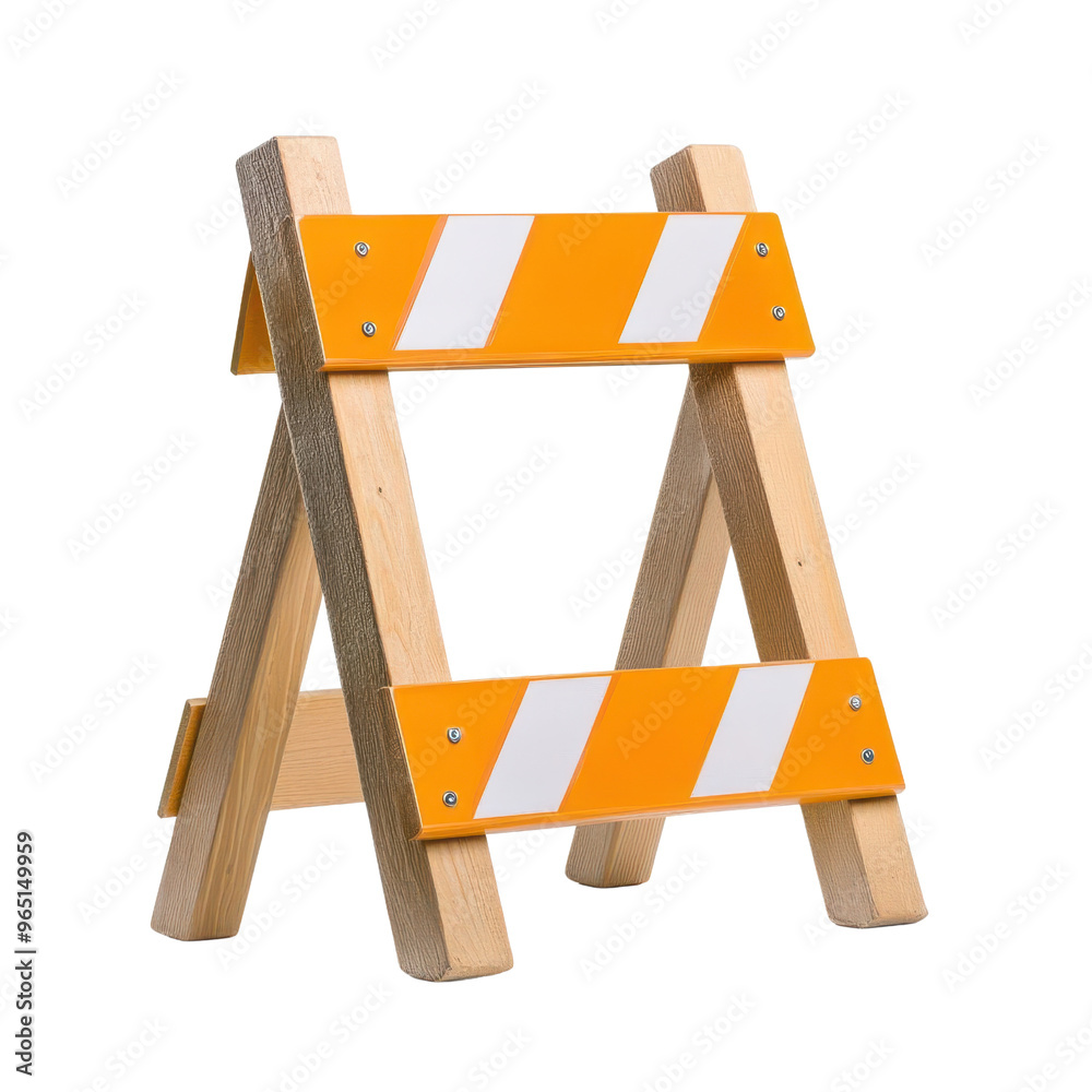Wooden safety barrier with orange and white stripes, commonly used in ...