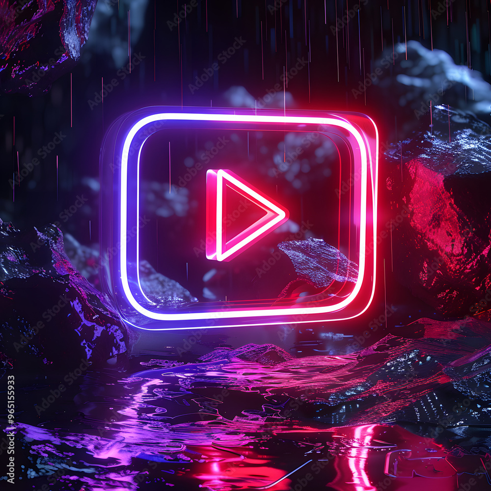 Visualize a hightech cave with reflective surfaces showcasing a neon ...