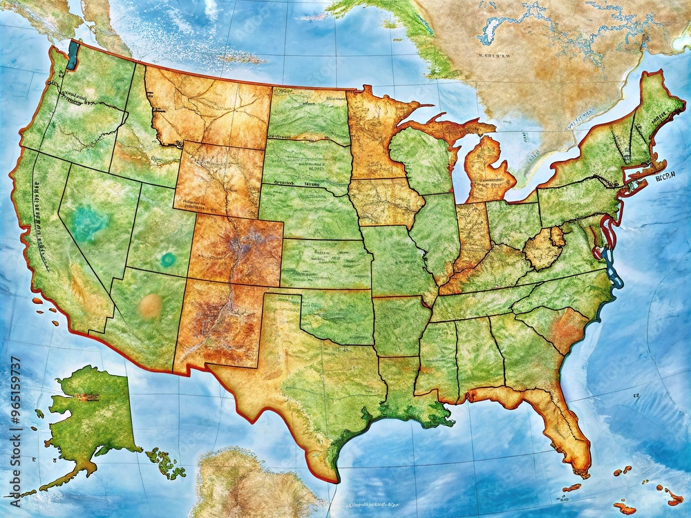 A detailed map of the contiguous United States, showcasing state ...