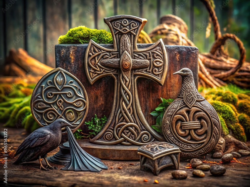 Ancient Nordic talismans adorn a mystical altar, featuring intricate ...