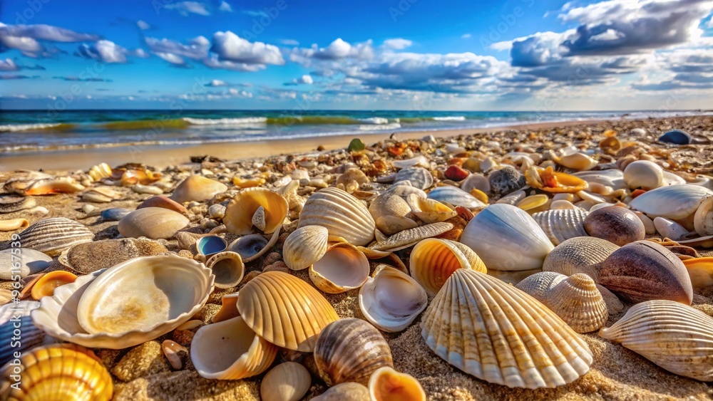 Assorted weathered clam shells of varying shapes and sizes scattered on ...