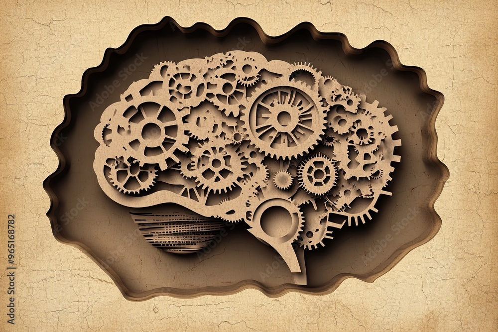 Paper cut style of gears and cogs working together in a human brain ...