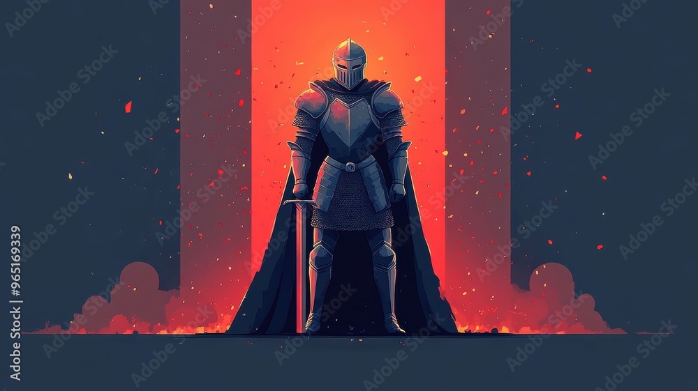 Knight illustrated in flat design style, using bold colors and simple ...