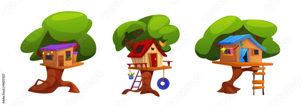 Children treehouse with ladder, tire swing, garlands and flags ...
