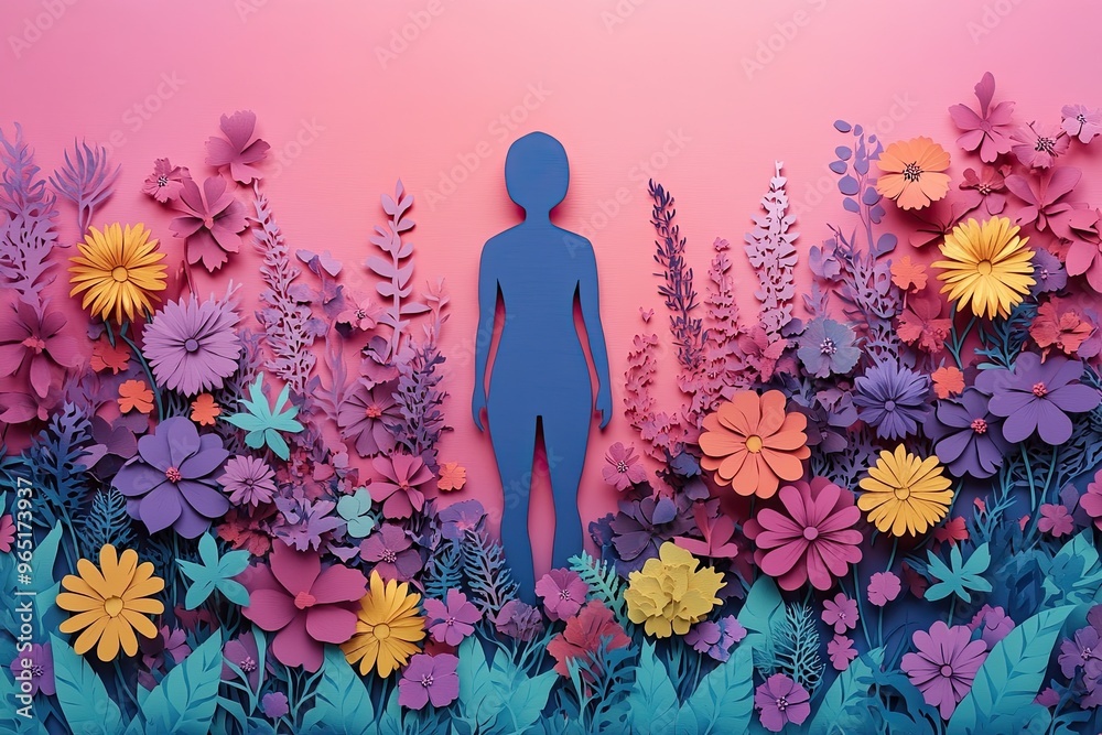 Papercut Human Figure in Garden of Blooming Flowers Symbolizing Mental ...