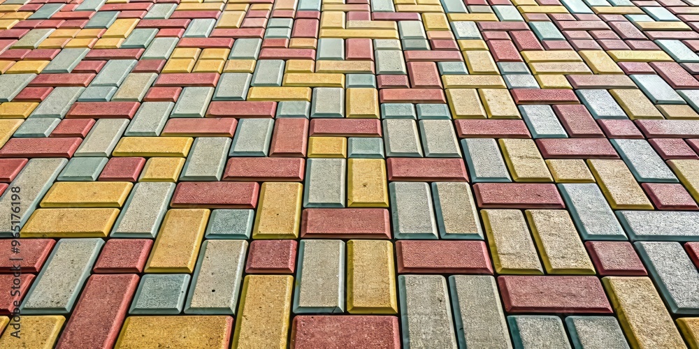 Interlocking concrete pavers in multiple hues and textures form a ...