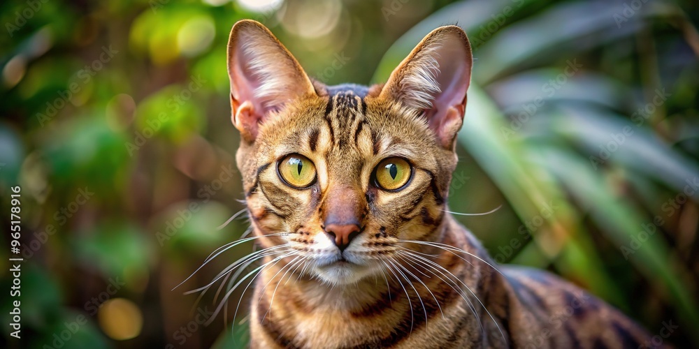 Exotic Sokoke cat with striking M-shaped markings and golden eyes gazes ...