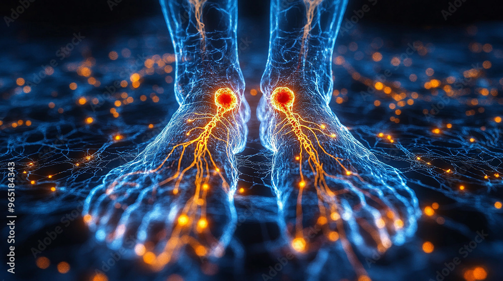 Illuminated feet with vibrant neural connections, representing the ...