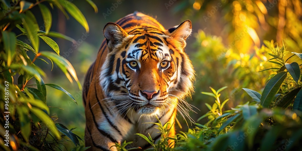 Majestic Bengal tiger stalking prey through dense jungle foliage, eyes ...