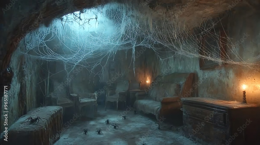 A spooky, dimly lit room with spider webs stretching across the ceiling ...