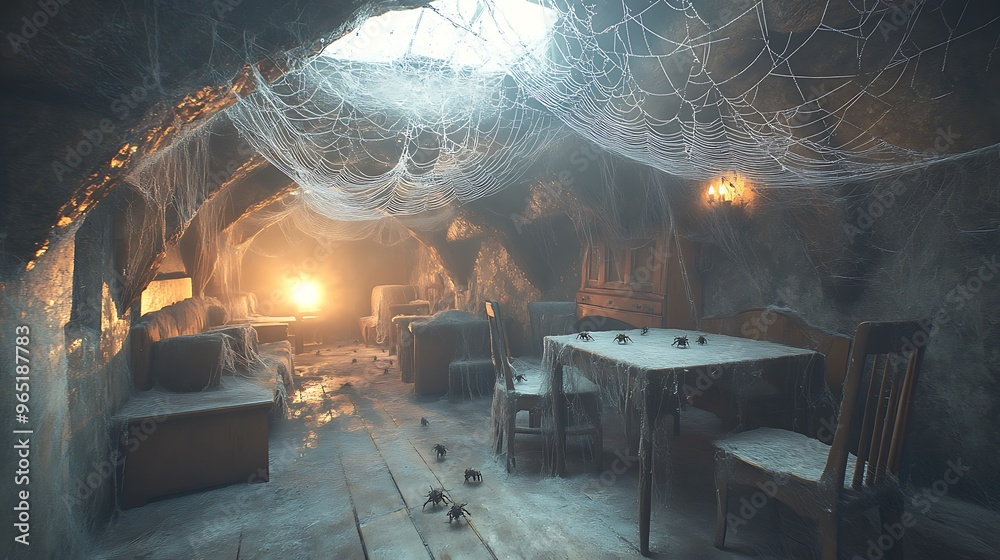 A spooky, dimly lit room with spider webs stretching across the ceiling ...