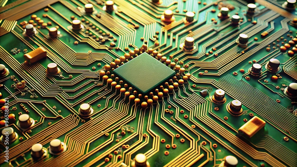 Microscopic view of intricate electronic circuit board with dense paths ...