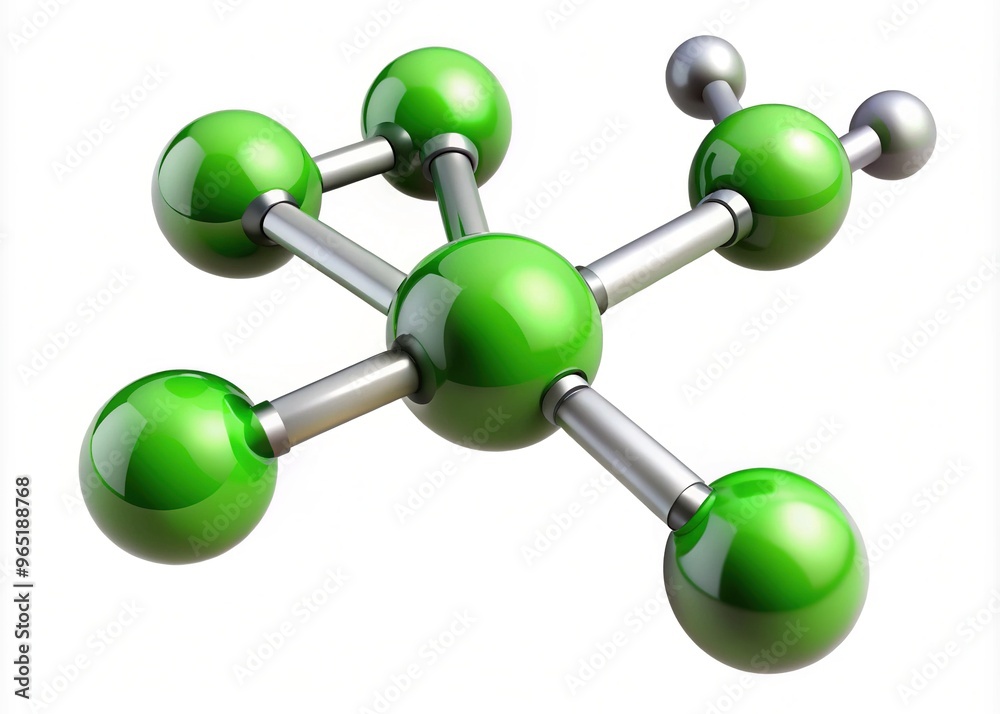 Molecular structure illustration of dichlorodifluoromethane, a colorless gas used as a ...