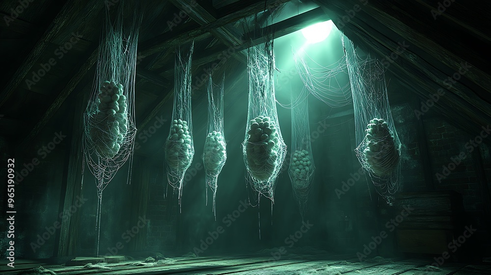 An old attic with large, eerie spider egg sacs hanging from the wooden ...