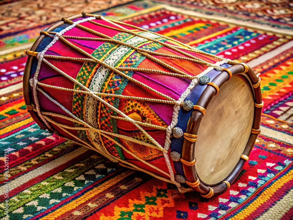 Vibrant Indian drum dholak with intricate designs and colors, lying on ...