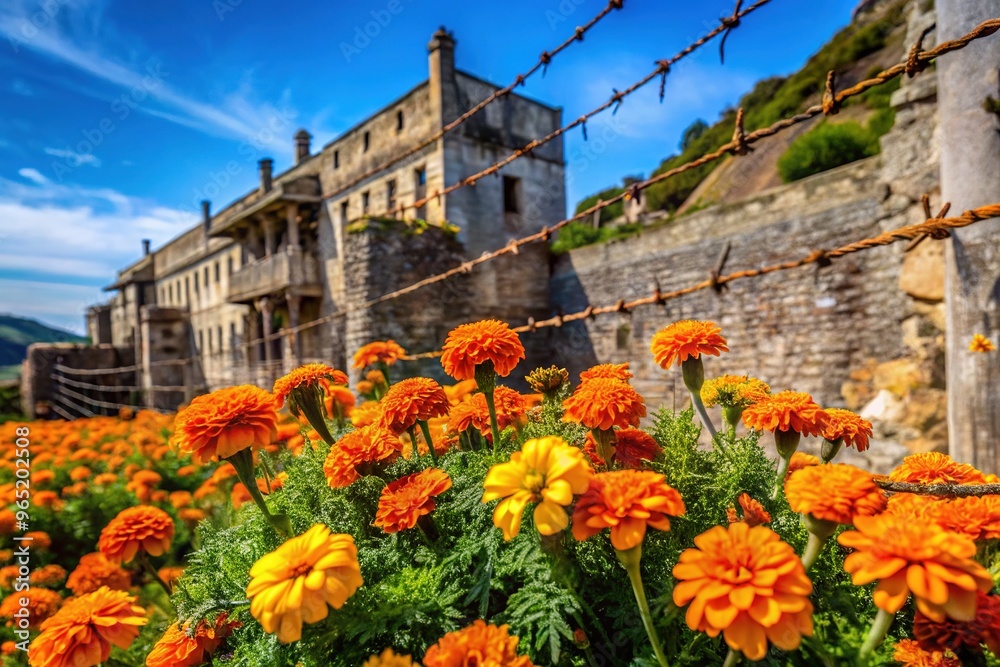 Vibrant orange marigold flowers bloom amidst crumbling stone walls and ...