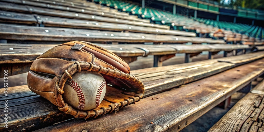 Weathered leather glove and distressed baseball resting on aged wooden ...