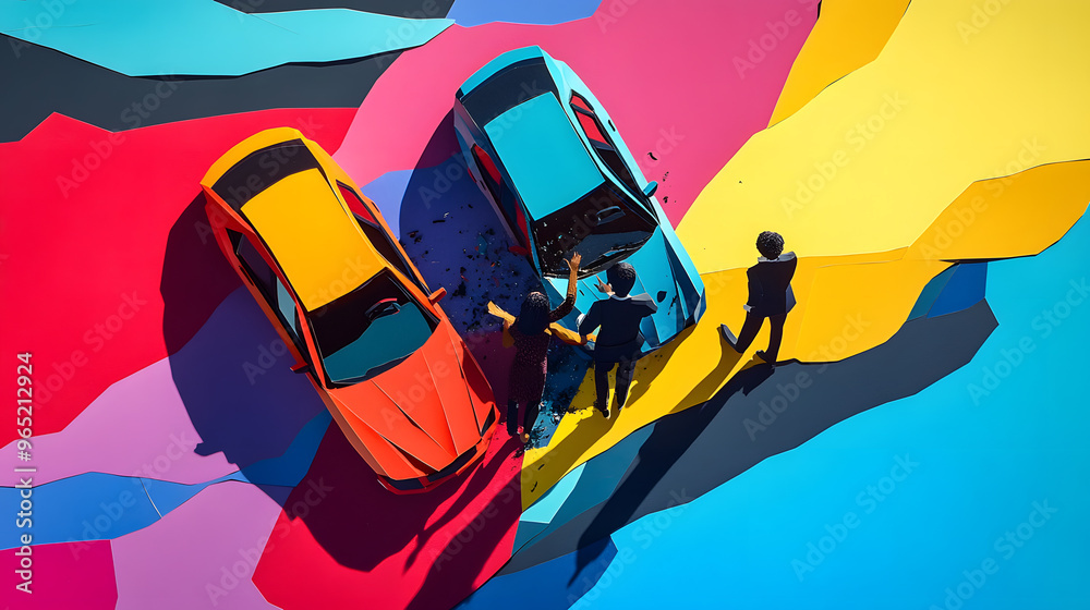 Car accident scene with two cars and people discussing the event ...
