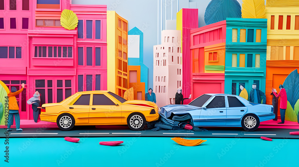 Car accident scene with two cars and people discussing the event ...