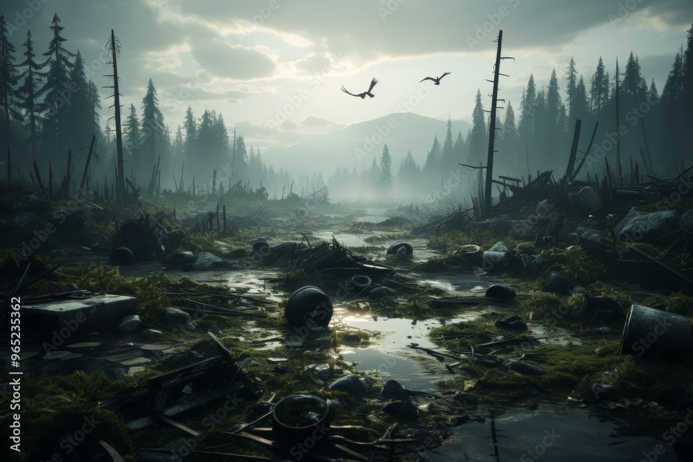 An apocalyptic forest with industrial pollution. The world is headed ...