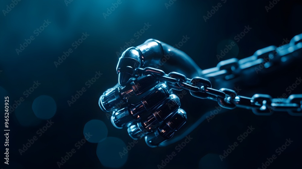 AI robot hands encased in heavy chains, with neural networks visibly ...