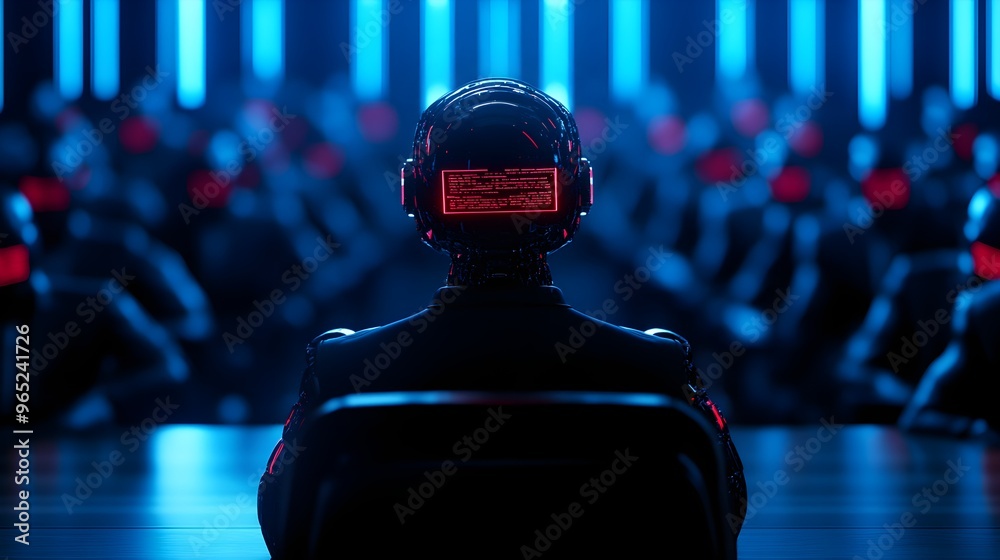 A robot, chained by glowing digital laws, stands before a panel of ...