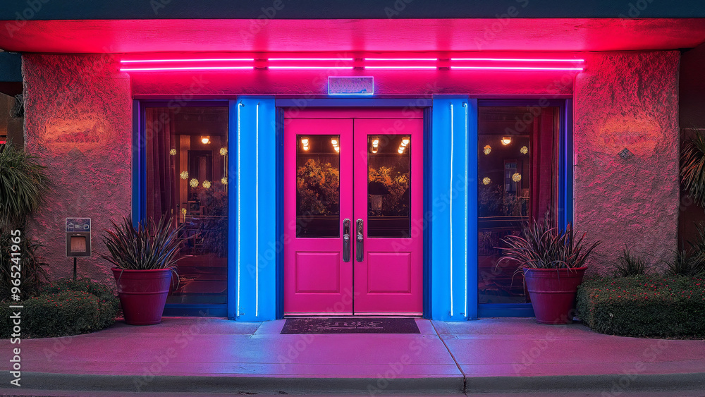 Vintage neon-lit entrance with pink and blue glow, Retro nightclub ...