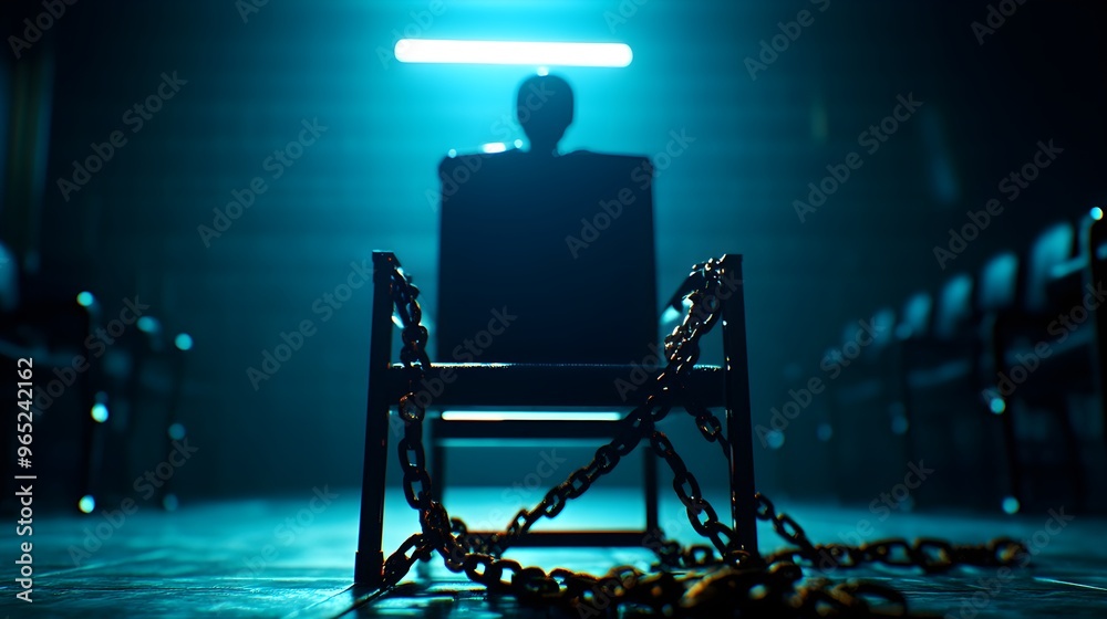 A courtroom bathed in cold light, a humanoid AI sits in the defendant's ...