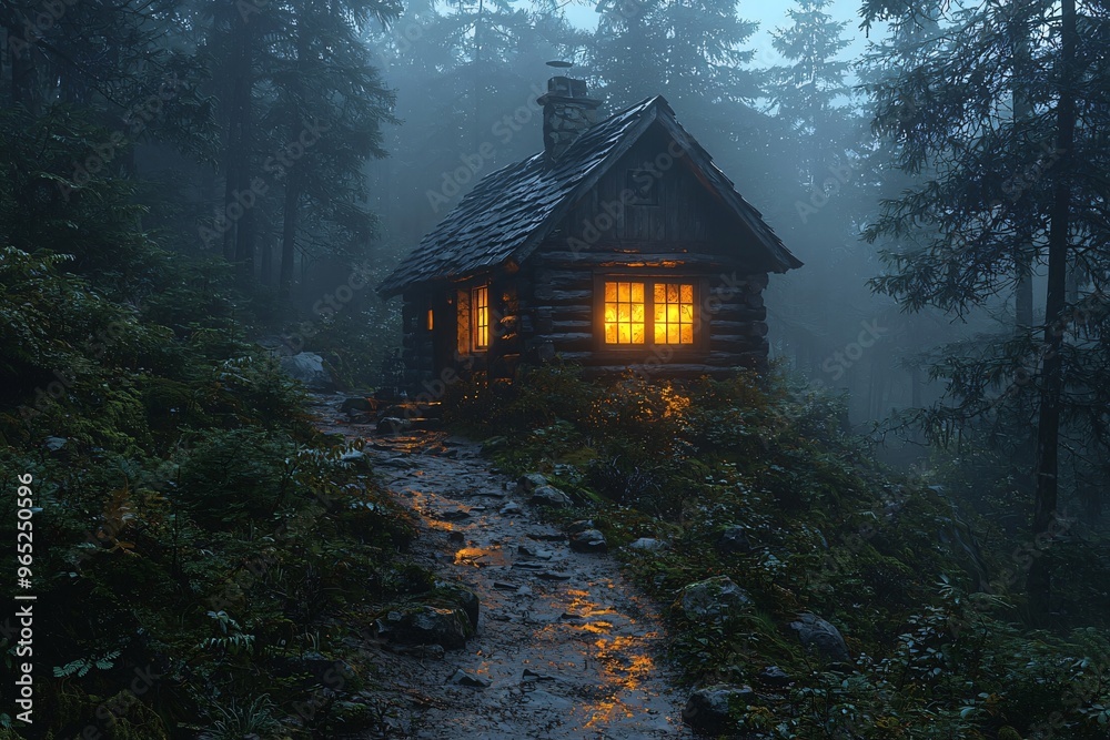 A rustic log cabin in a foggy forest, illuminated for Halloween ...