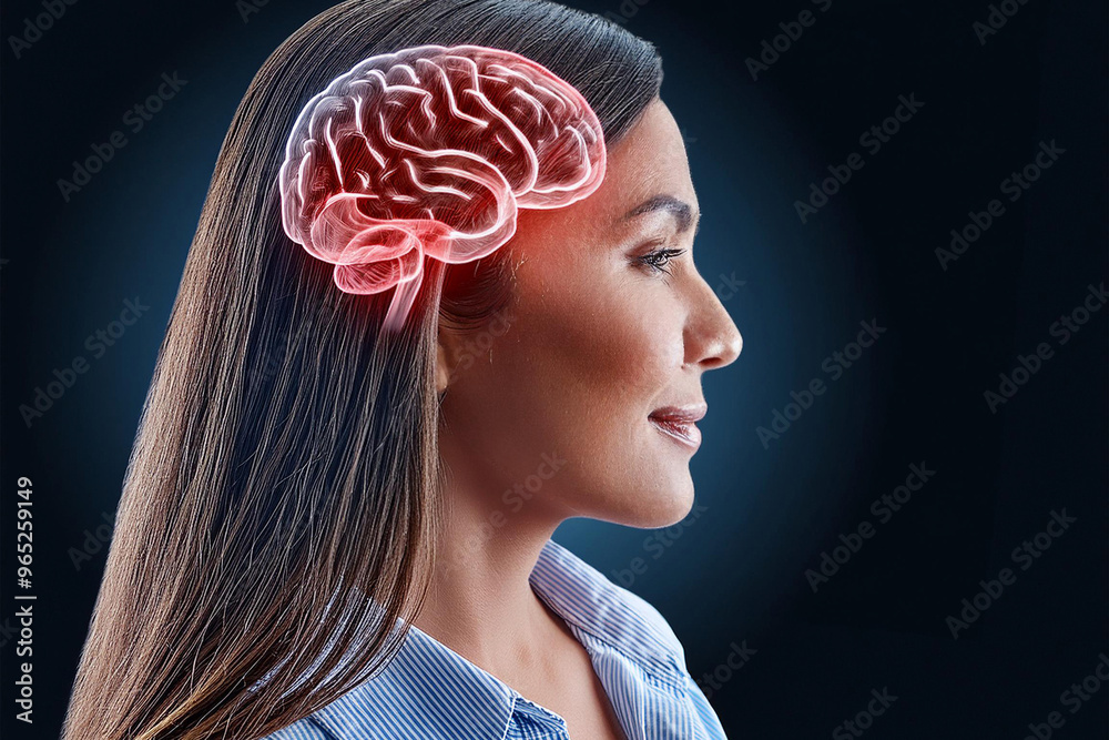 Image of the brain highlighted in red, inside a woman's head. The ...