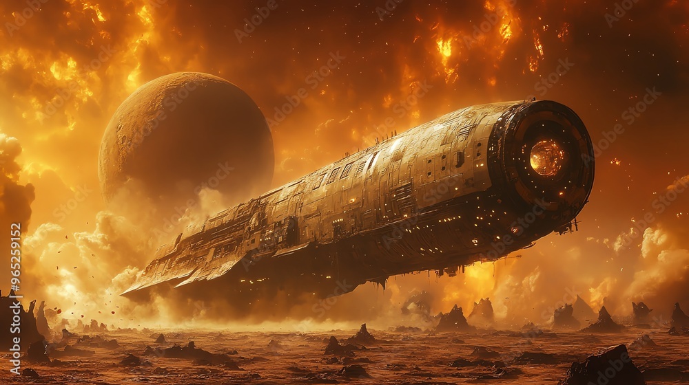 Starship in a decaying orbit around a desolate planet, with atmospheric ...