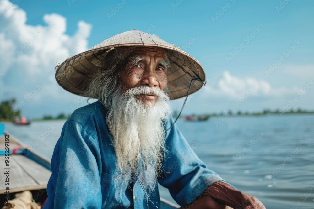 Vietnamese old man with long white beard and straw hat on boat. Vietnam ...
