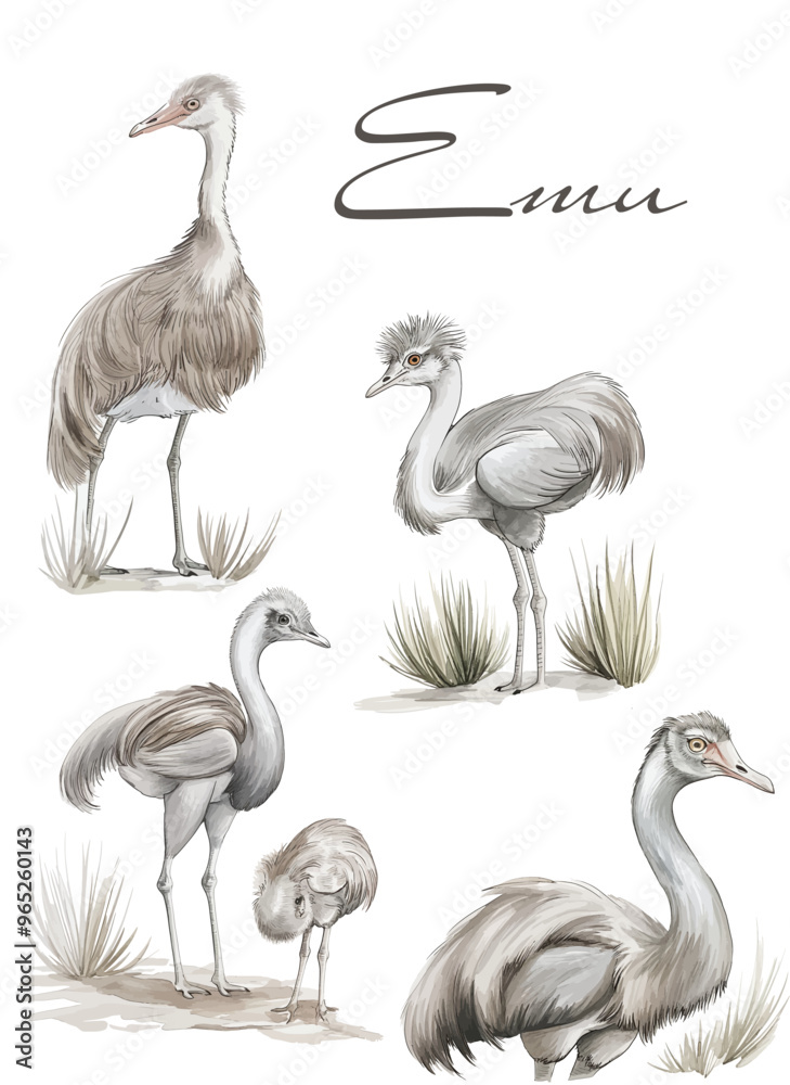 Emu ostrich watercolor illustration. Hand drawn native Australian bird ...
