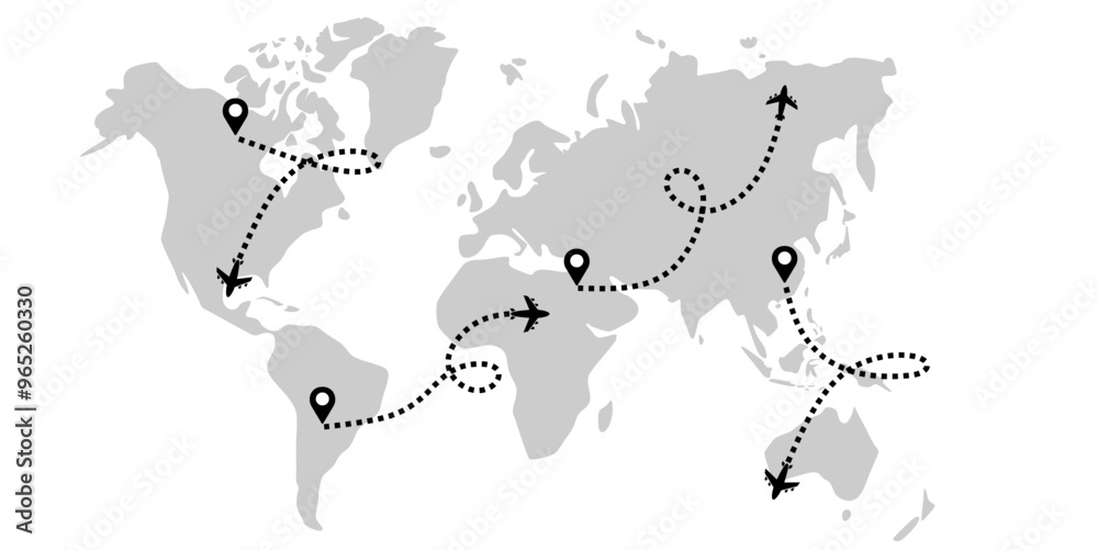 editable of Illustration of airplane flights with pin map, plane, world ...