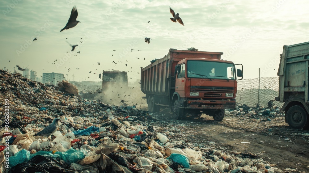 Landfill site overflowing with plastic waste and pollution representing ...