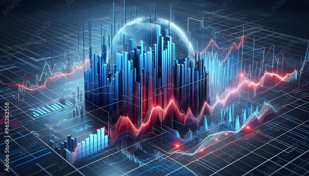 Abstract stock market chart with blue and red bars, a line graph on a ...