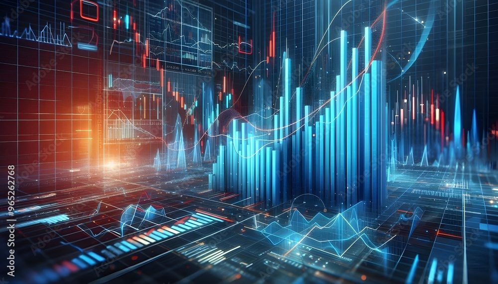 Abstract stock market chart with blue and red bars, a line graph on a ...