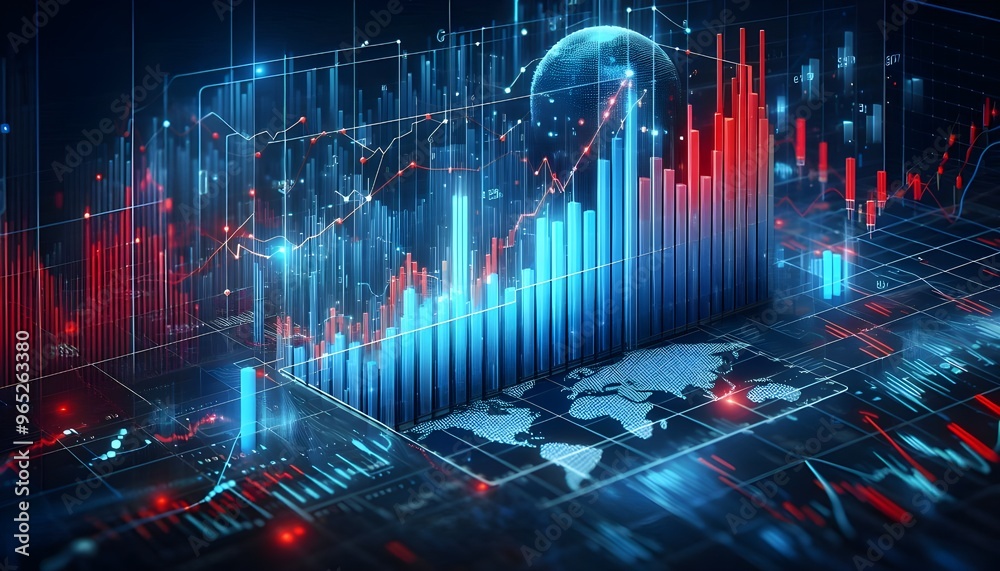 Abstract stock market chart with blue and red bars, a line graph on a ...