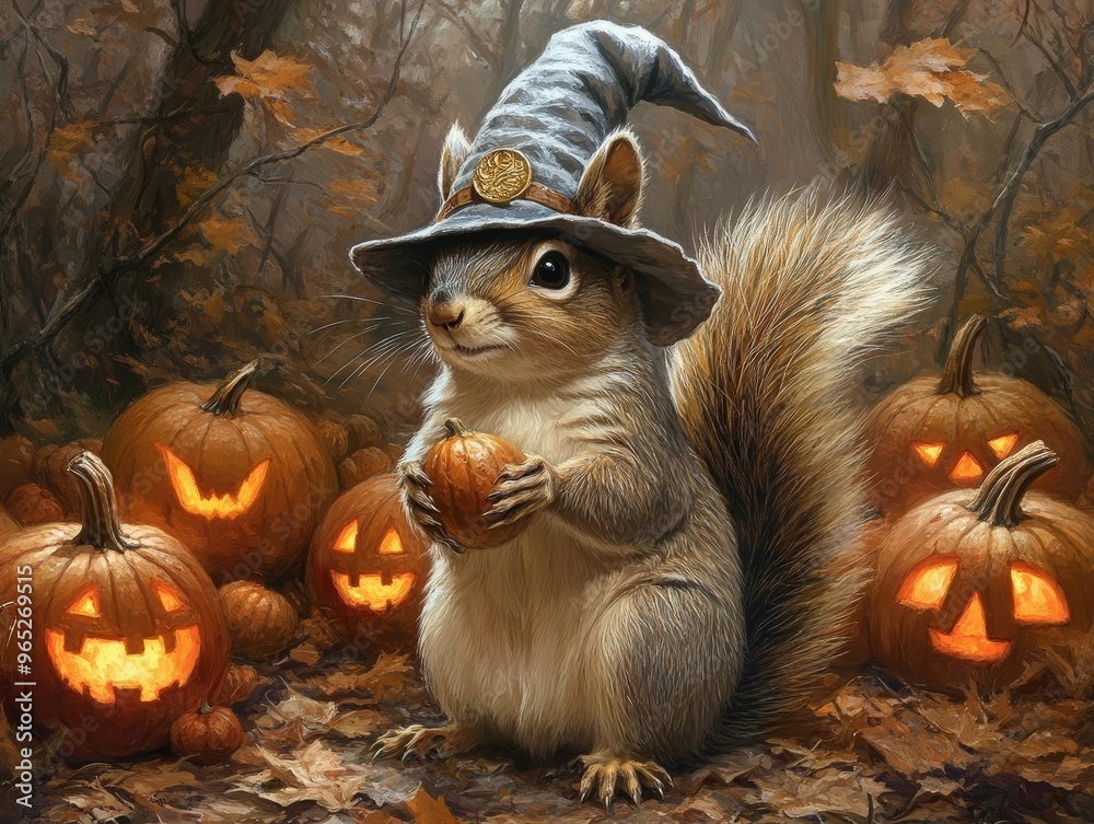 Squirrel wearing a tiny wizard hat in a forest full of carved pumpkins ...