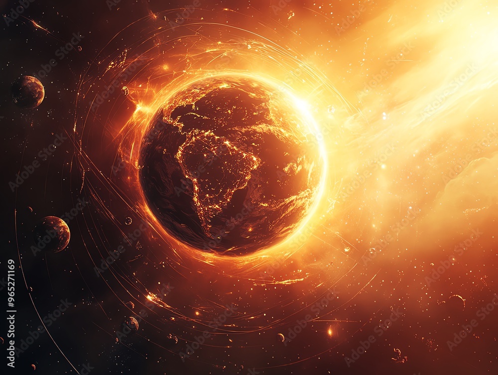 Earth surrounded by multiple orbital paths, Sun s rays creating a ...