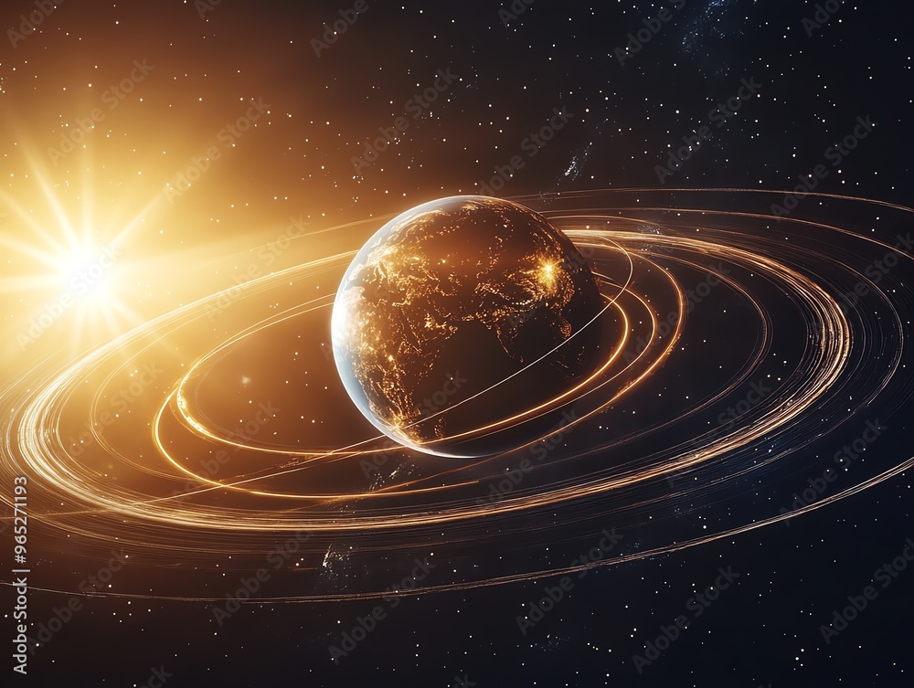 Earth surrounded by multiple orbital paths, Sun s rays creating a ...